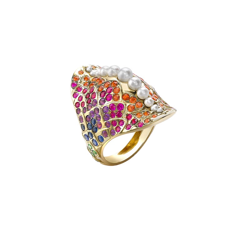 Venyx 18 Karat Gold Pearl Sapphire Colored Stone Una Rainbow Fish Ring ...