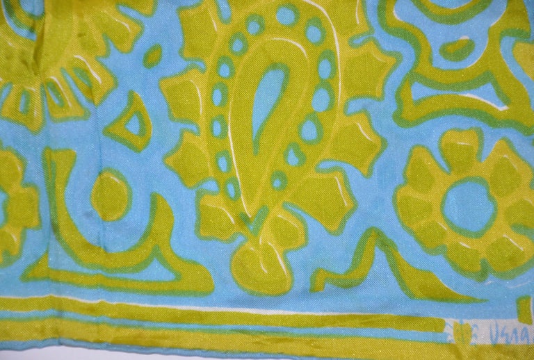 Vera Turquoise and Lime 'Abstract Palsey" Print Silk Scarf For Sale at ...