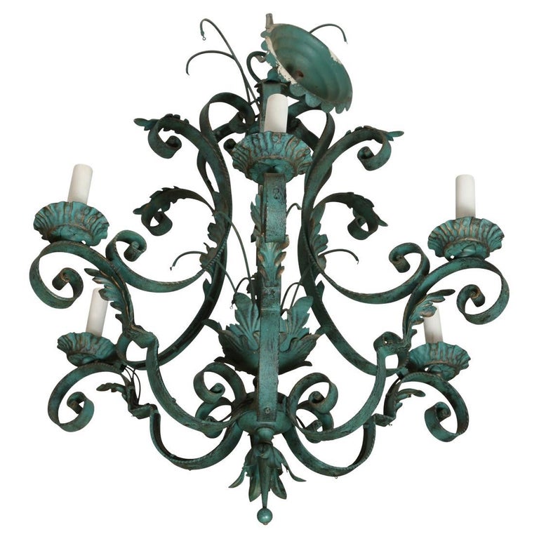 Verdigris Painted Scroll Arm Six Light Chandelier For Sale at 1stDibs