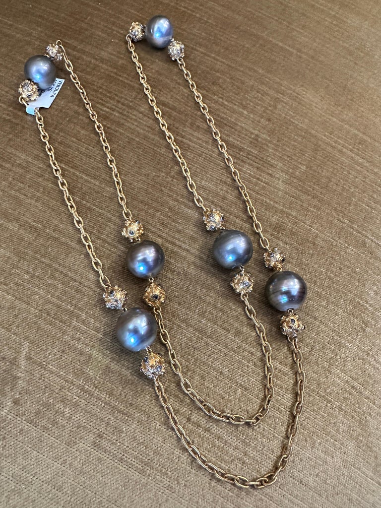 Verdura Black Pearl Link Necklace with Rose Cut Diamonds 18k Yellow ...