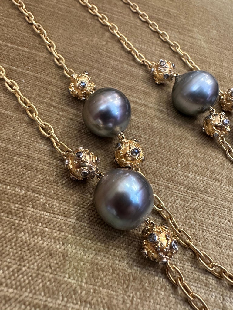 Verdura Black Pearl Link Necklace with Rose Cut Diamonds 18k Yellow ...
