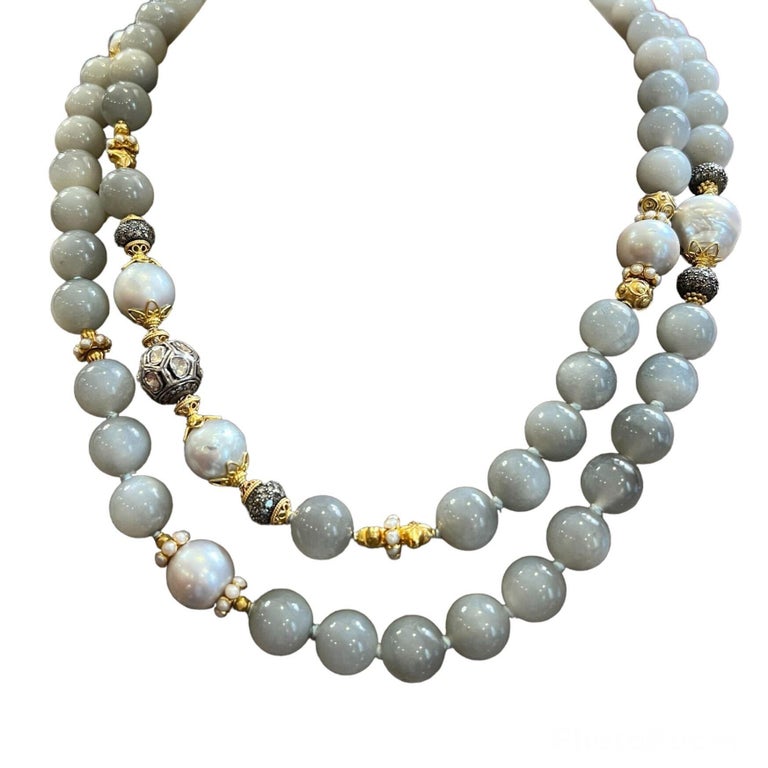 Verdura Gold Silver Moonstone Pearl Diamond Bead Necklace For Sale at ...