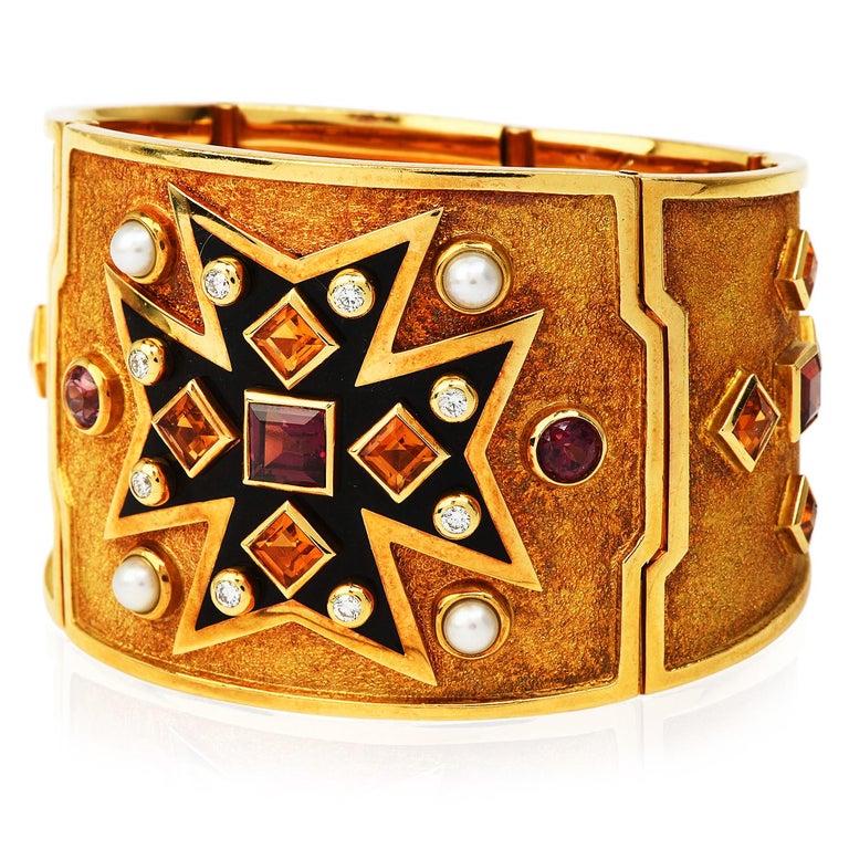 Verdura Vintage Maltese Cross 18K Gold Multi Gem Enamel Gold Bangle ...