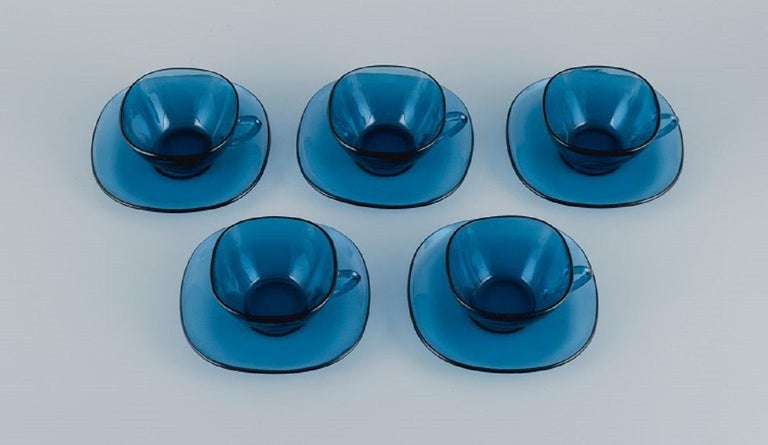 Vereco, France, Set of Five Teacups and Matching Saucers in Blue Glass ...