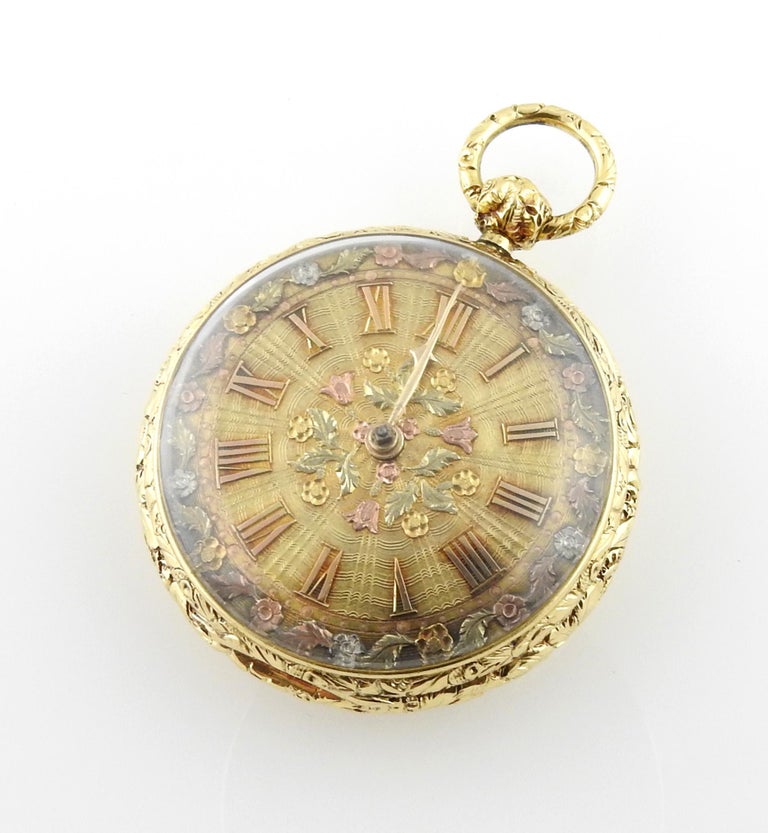 Verge Crown Wheel Key Winding 18K Yellow Gold Ornate Pocket Watch For ...