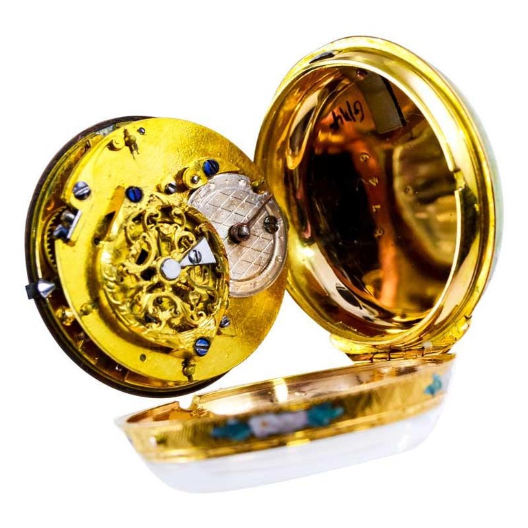 Verge Fusee Enamel Dial Keywind Porcelain Painted Back Pocket Watch For ...