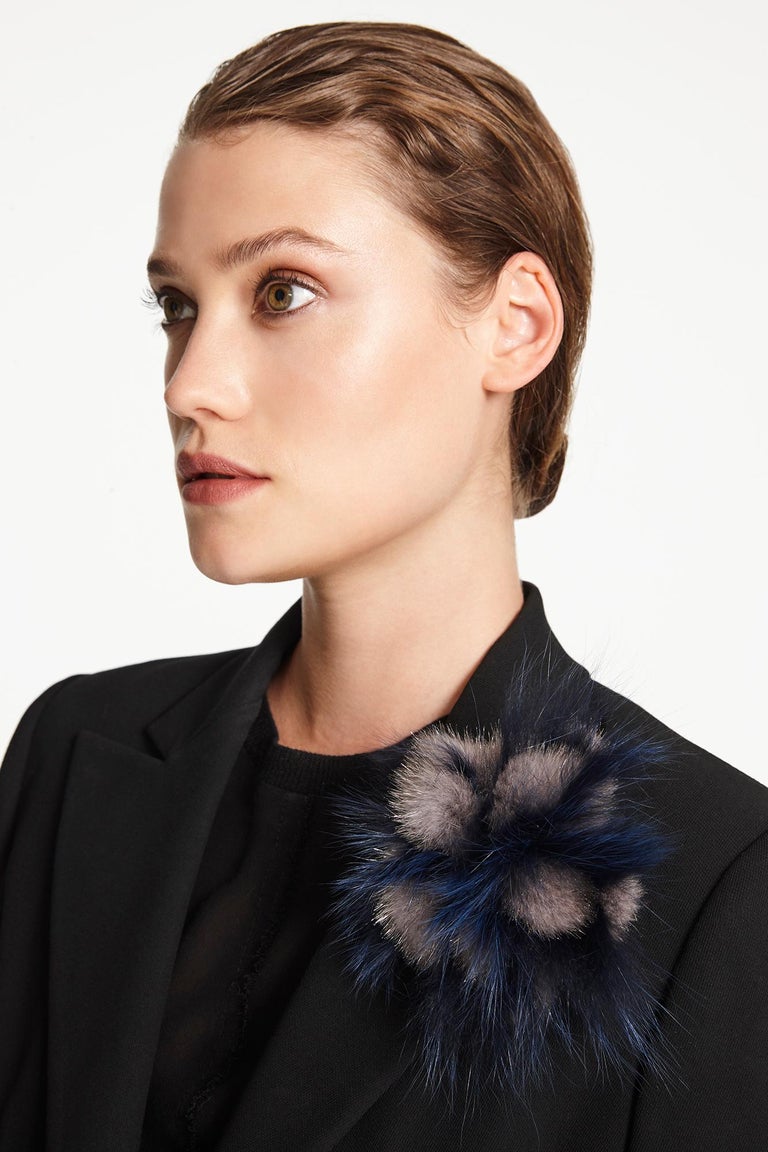 Verheyen London Mink Fur Flower Brooch in Dark Grey Platinum and Navy ...