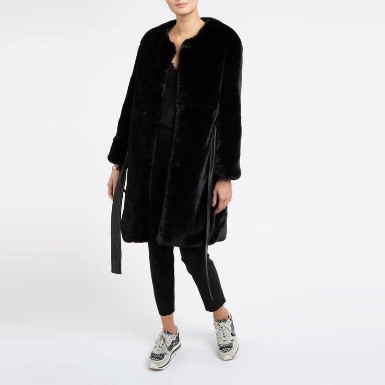 Verheyen London Serena Collarless Faux Fur Coat in Black - Size uk 6 For Sale at 1stDibs