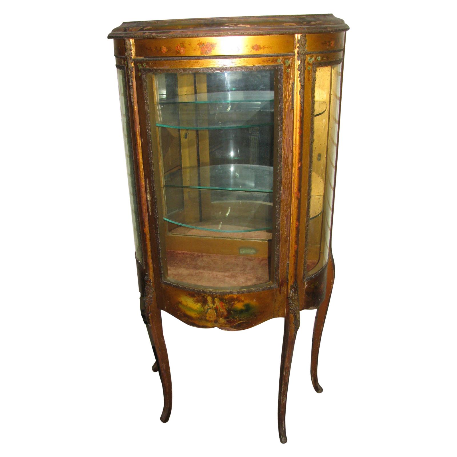 French Louis XV Gold Gilt Wood Vernis Martin Curved Glass Vitrine Curio ...