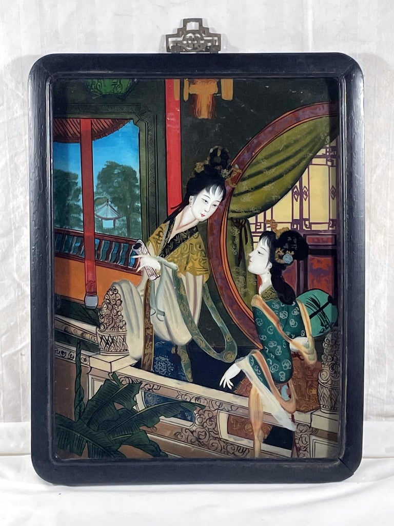 Verre Eglomise Chinese Export Reverse Glass Painting For Sale at 1stDibs