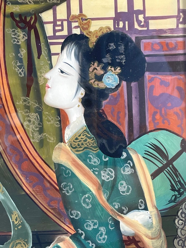 Verre Eglomise Chinese Export Reverse Glass Painting For Sale at 1stDibs