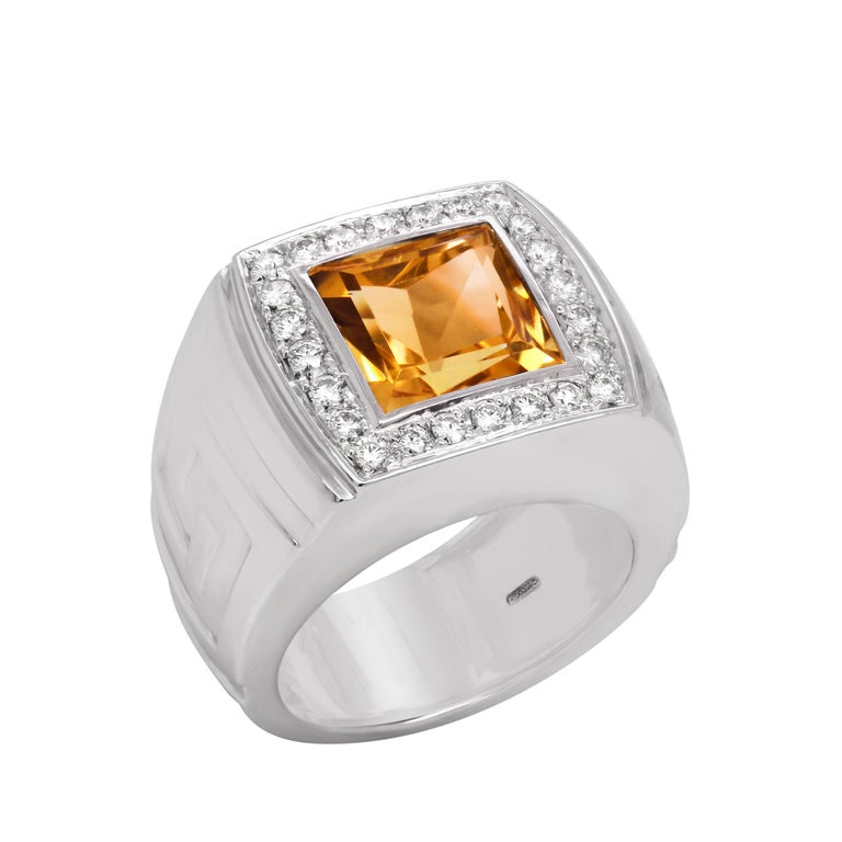 Versace 18 Karat White Gold Diamond Princess Cut Citrine Statement Ring ...