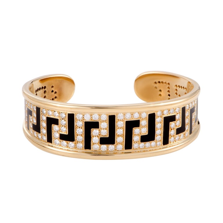 Versace 18 Karat Yellow Gold Diamond and Black Enamel Bangle Bracelet ...