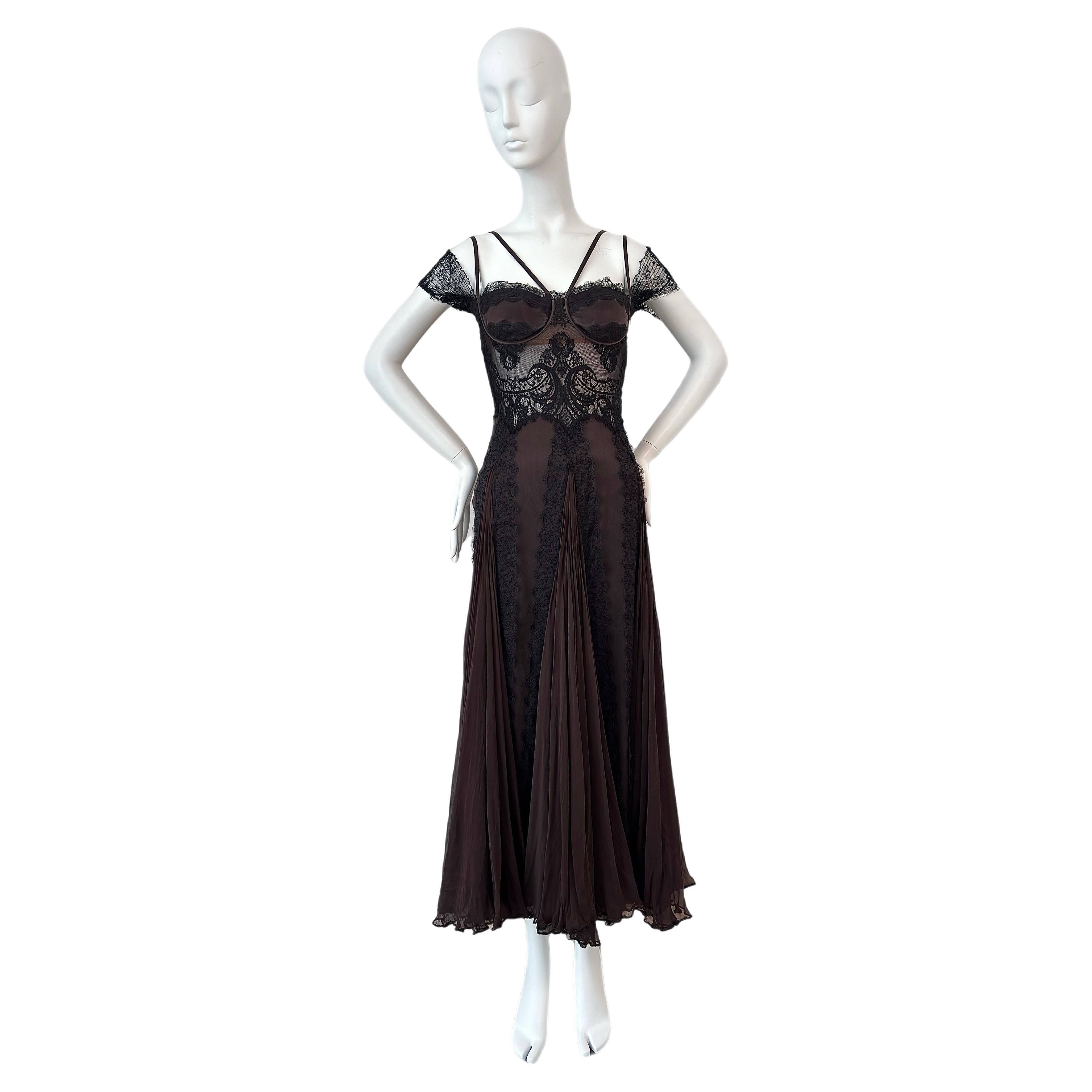 VERSACE 2006 Vintage Silk Semi-Sheer Lace Evening Gown For Sale at 1stDibs
