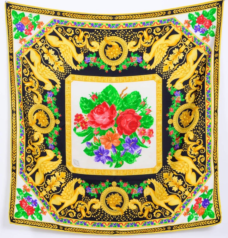 Atelier Versace silk baroque frame needlepoint flower print scarf ...