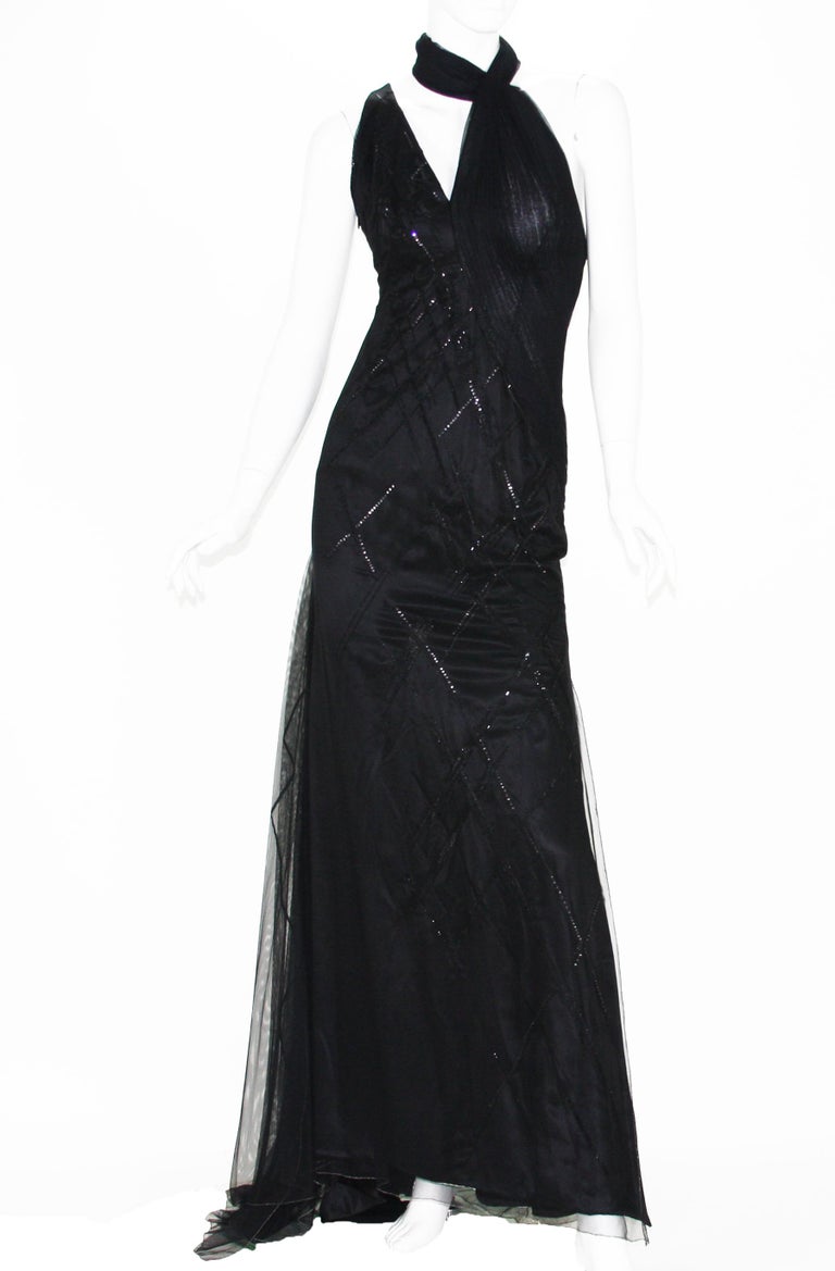 Versace Atelier 90's Black Silk Embellished Tulle Open Back Dress Gown ...