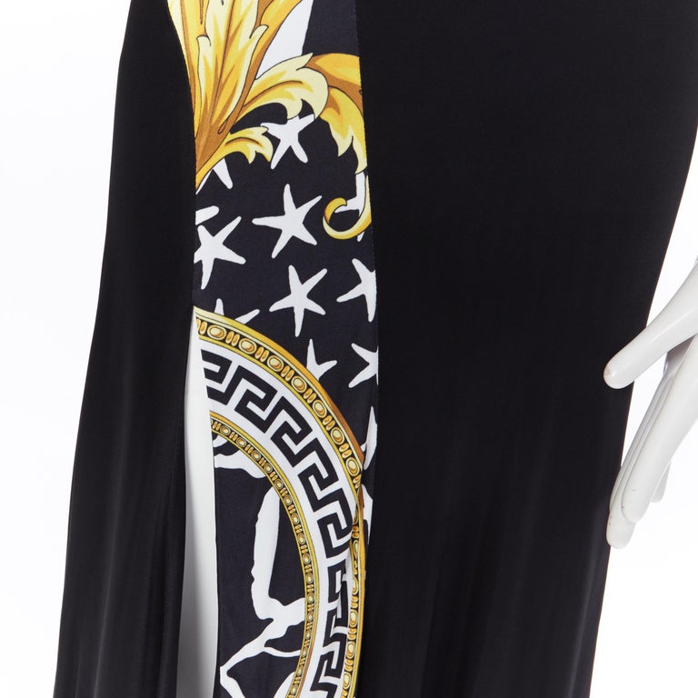 VERSACE AW19 black viscose gold baroque greca paneled draped hem dress ...