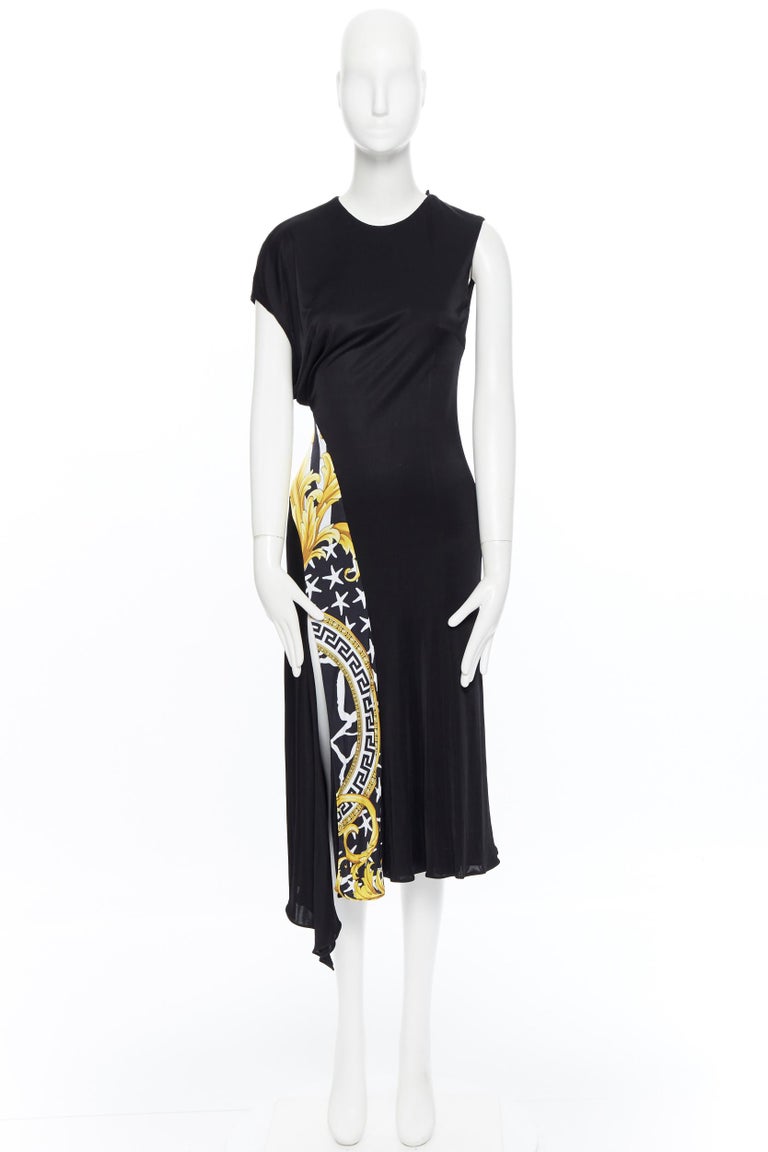 VERSACE AW19 black viscose gold baroque greca paneled draped hem dress ...