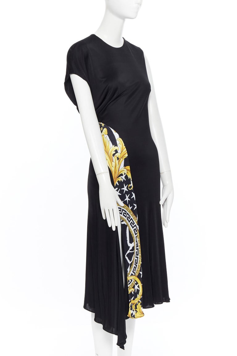 VERSACE AW19 black viscose gold baroque greca paneled draped hem dress ...