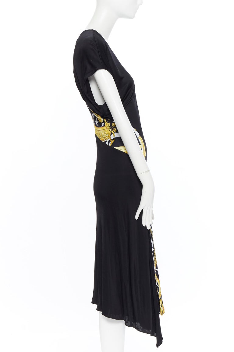 VERSACE AW19 black viscose gold baroque greca paneled draped hem dress ...