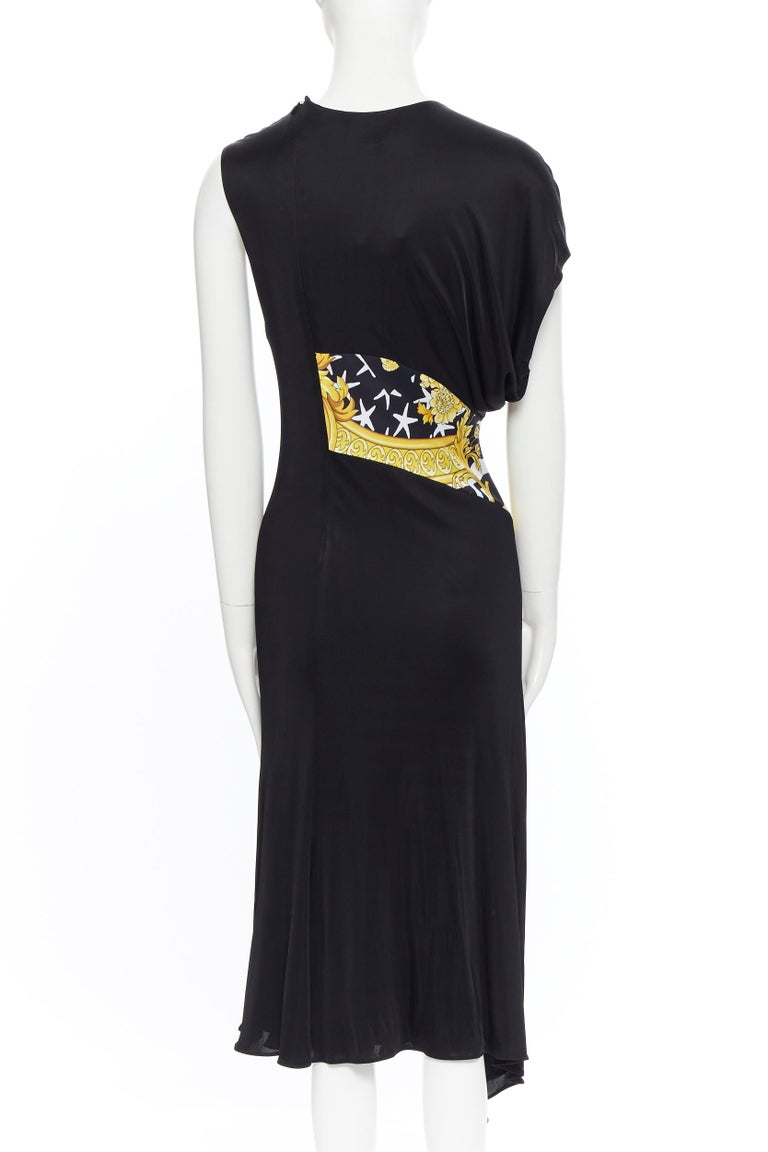 VERSACE AW19 black viscose gold baroque greca paneled draped hem dress ...