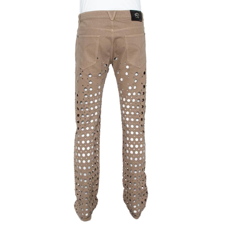 Versace Beige Denim Perforated Straight Leg Jeans L For Sale at 1stDibs
