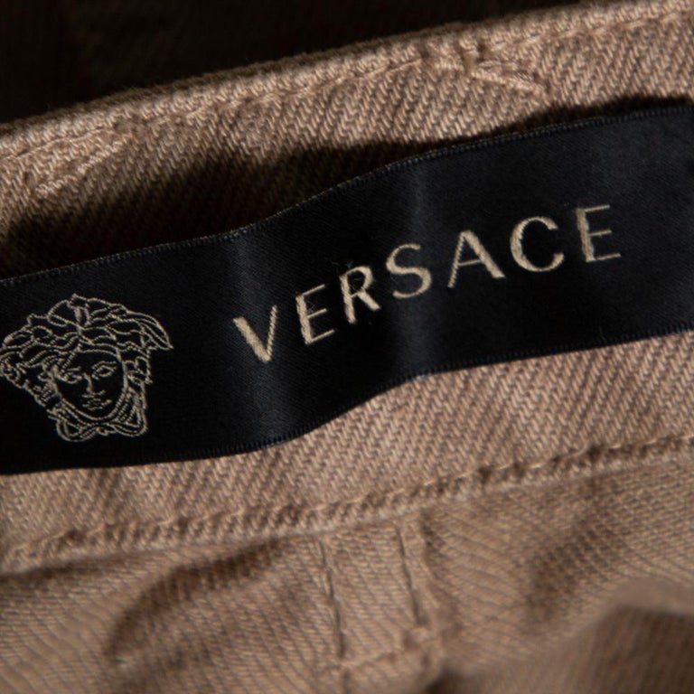 Versace Beige Denim Perforated Straight Leg Jeans L For Sale at 1stDibs