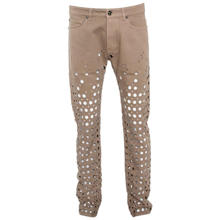 Versace Beige Denim Perforated Straight Leg Jeans L For Sale at 1stDibs