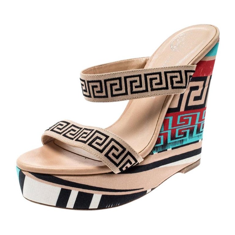 Versace Beige Printed Canvas Wedge Platform Sandals Size 37 at 1stDibs
