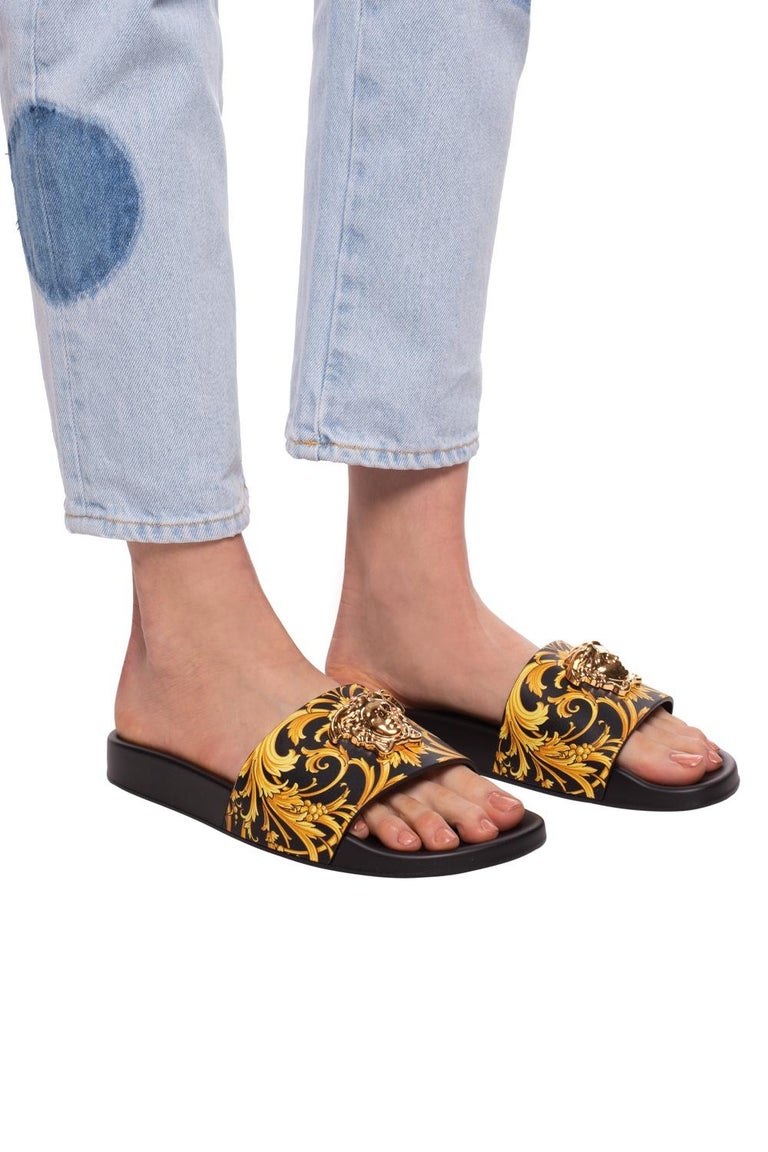 Versace Black and Gold Barocco Medusa Embellished Slides Size 41 For ...