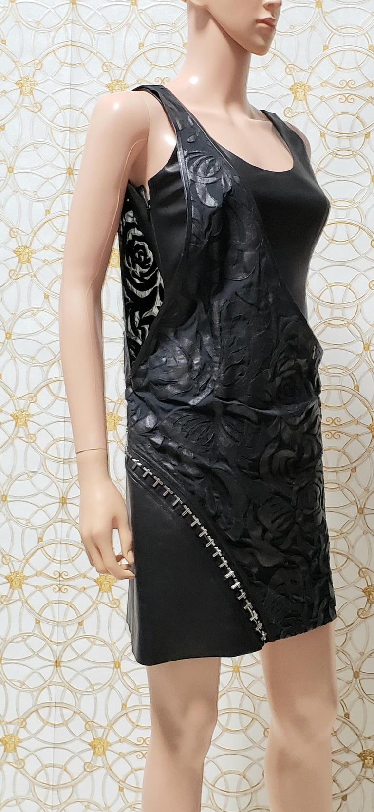 Versace Black Floral Detail Leather Dress For Sale at 1stDibs