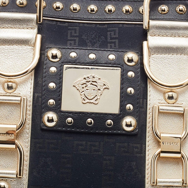 Versace Black/Gold Signature Fabric and Leather Studded Snap Out Of It ...
