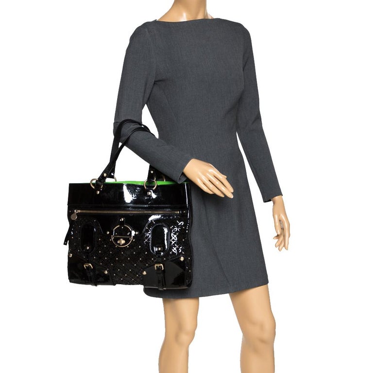 Versace Black Lasercut Patent Leather and Suede Studded Tote at 1stDibs