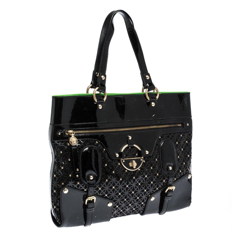 Versace Black Lasercut Patent Leather and Suede Studded Tote at 1stDibs