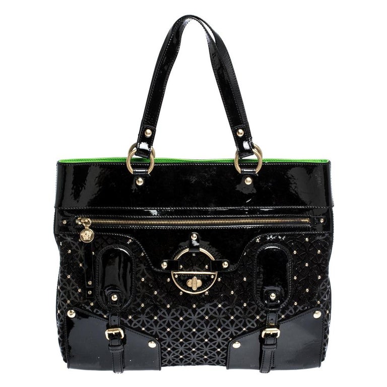 Versace Black Lasercut Patent Leather and Suede Studded Tote at 1stDibs