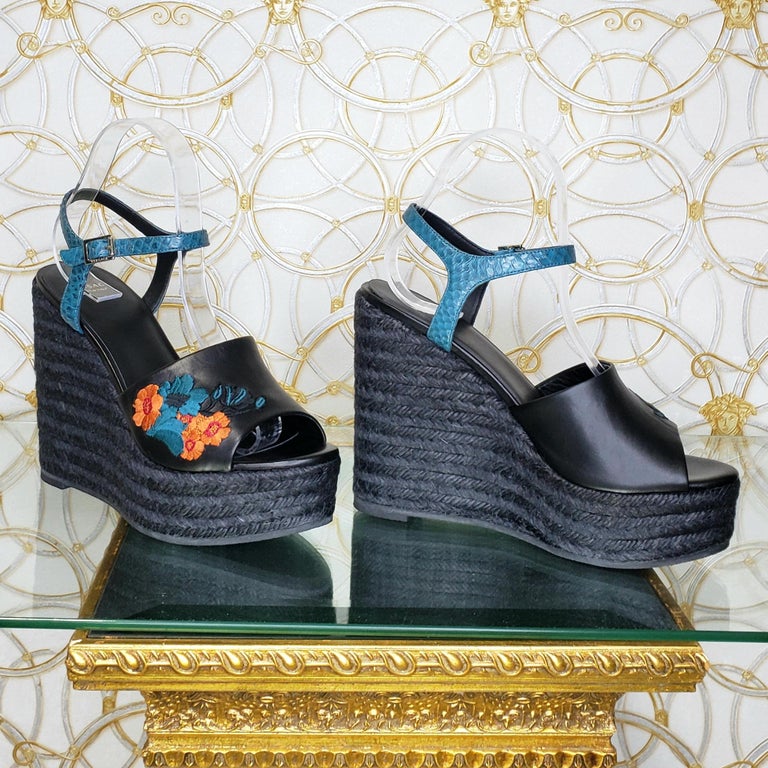 VERSACE BLACK LEATHER and FLORAL EMBROIDERED WEDGE SANDALS 38.5, 39 For ...
