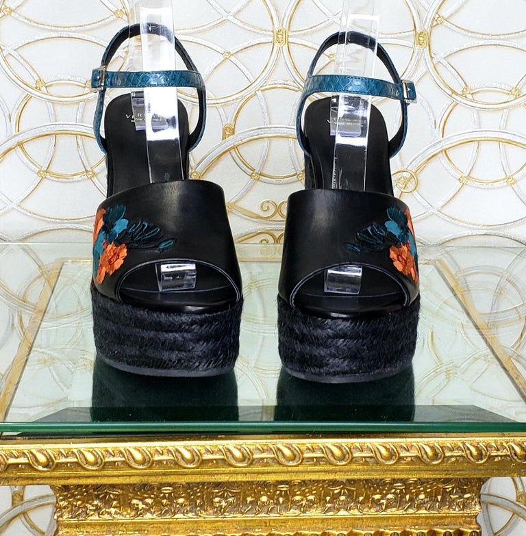 VERSACE BLACK LEATHER and FLORAL EMBROIDERED WEDGE SANDALS 38.5, 39 For ...