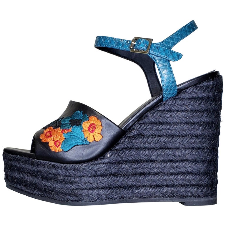 VERSACE BLACK LEATHER and FLORAL EMBROIDERED WEDGE SANDALS 38.5, 39 For ...