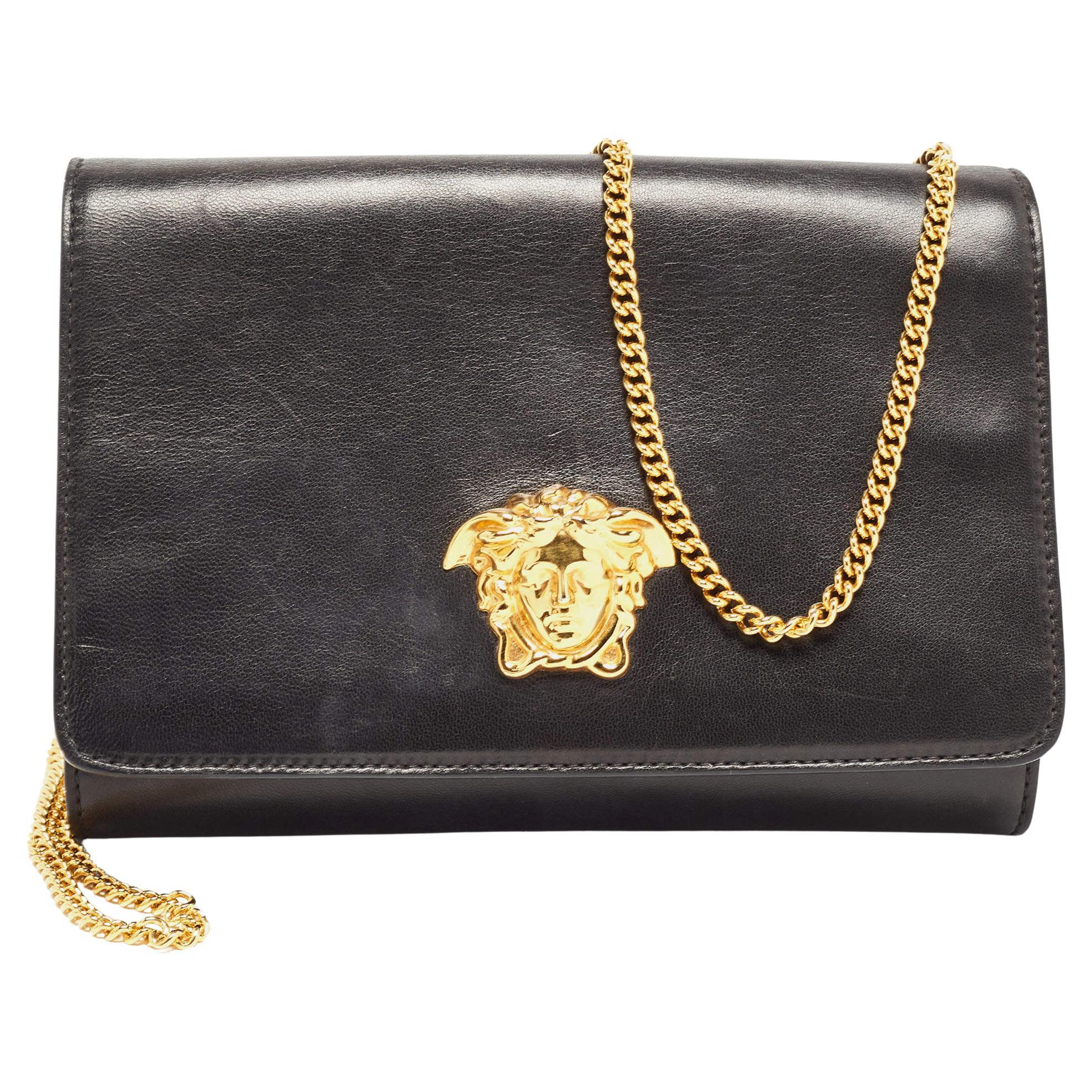 Versace Black Leather La Medusa Flap Chain Clutch For Sale at 1stDibs