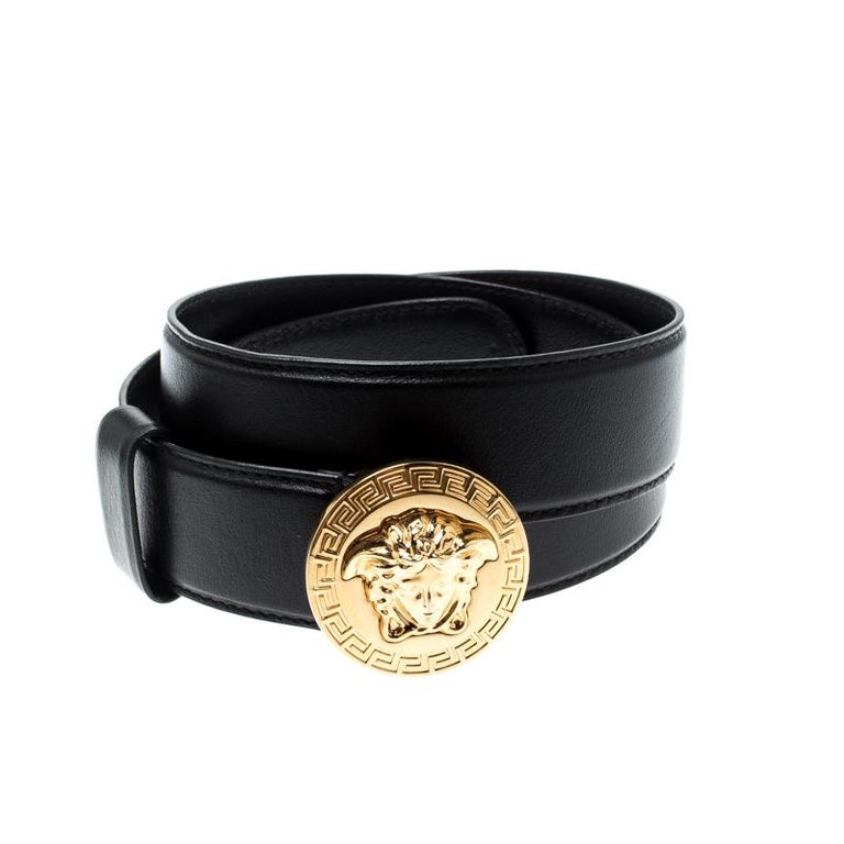 Versace Black Leather Medusa Buckle Belt 85CM For Sale at 1stDibs
