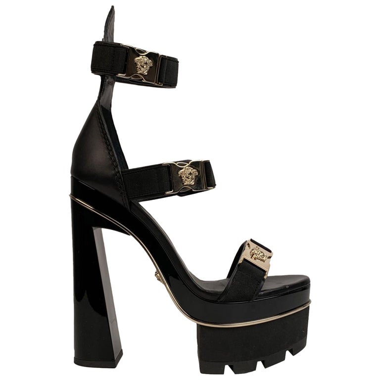 Versace Black Leather Medusa Heeled Platform Sandals EU 39 For Sale at ...