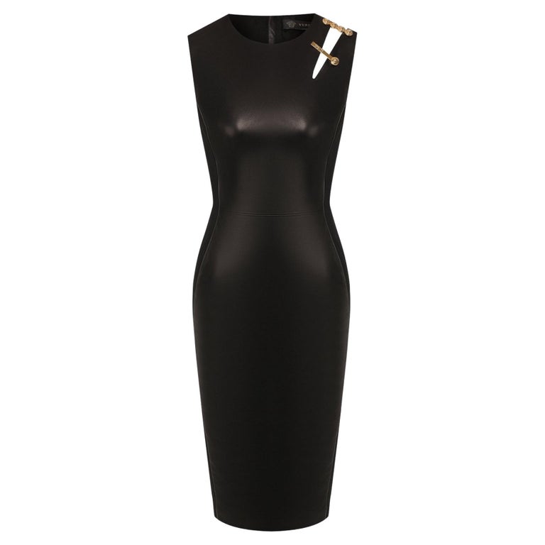 Versace Black Leather Pin Up Gold Tone Safety Pin Cocktail Dress Size ...