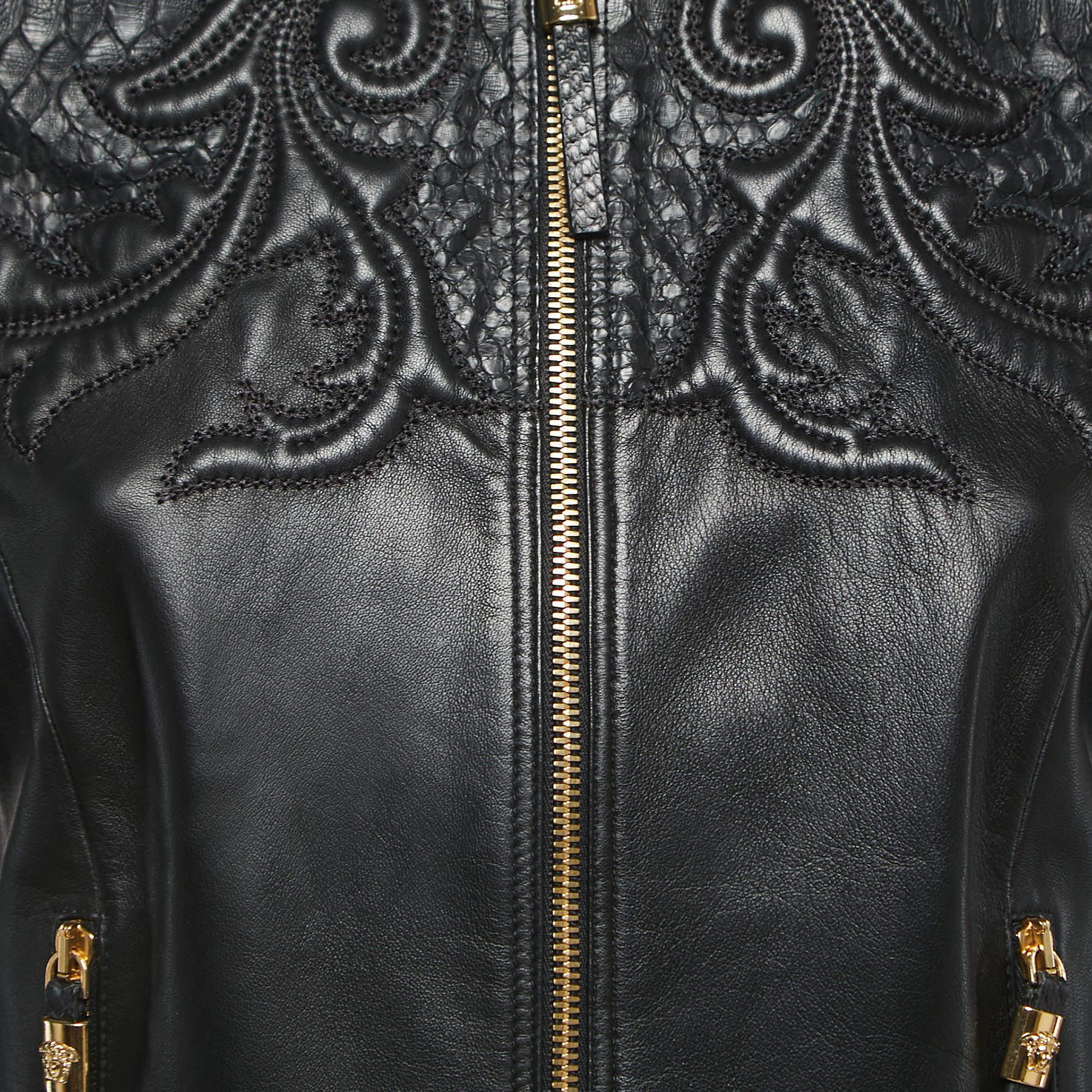 Versace Black Leather and Python Zip Front Biker Jacket S For Sale at ...