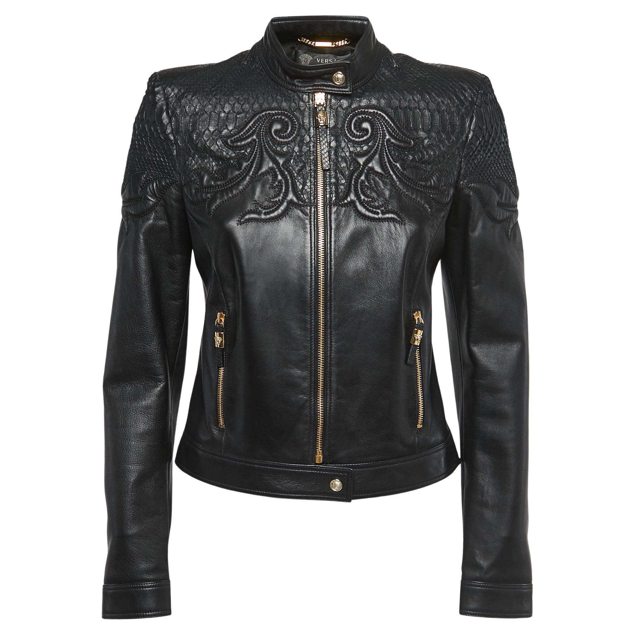 Versace Black Leather and Python Zip Front Biker Jacket S For Sale at ...