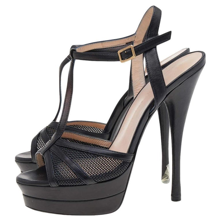 Versace Black Leather T-Strap Platform Sandals Size 37 For Sale at 1stDibs
