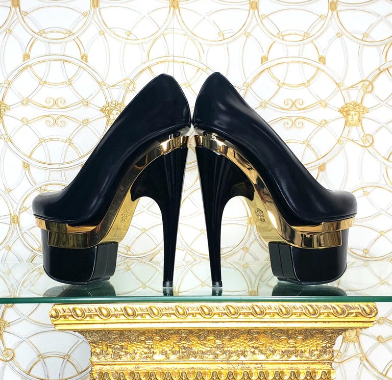 VERSACE BLACK LEATHER TRIPLE PLATFORM PUMP Shoes at 1stDibs