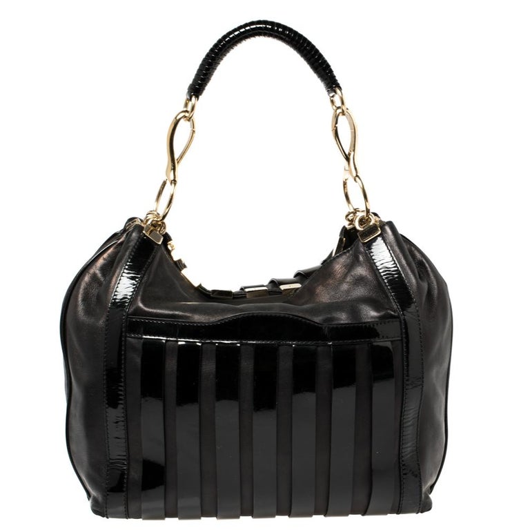 Versace Black Patent and Leather Stripe Logo Hobo at 1stDibs