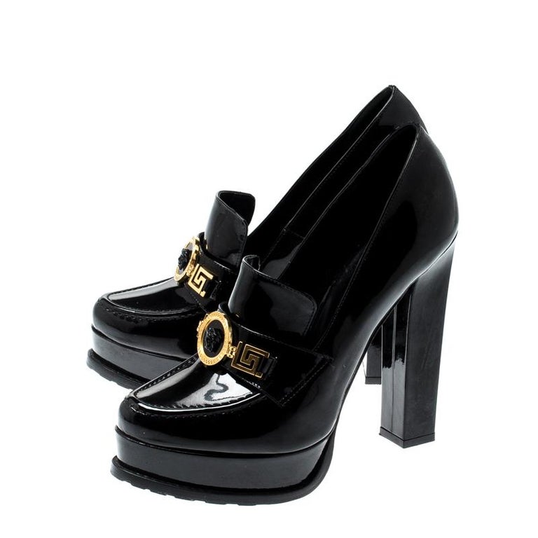 Versace Black Patent Leather Medusa Platform Block Heel Loafer Pumps ...