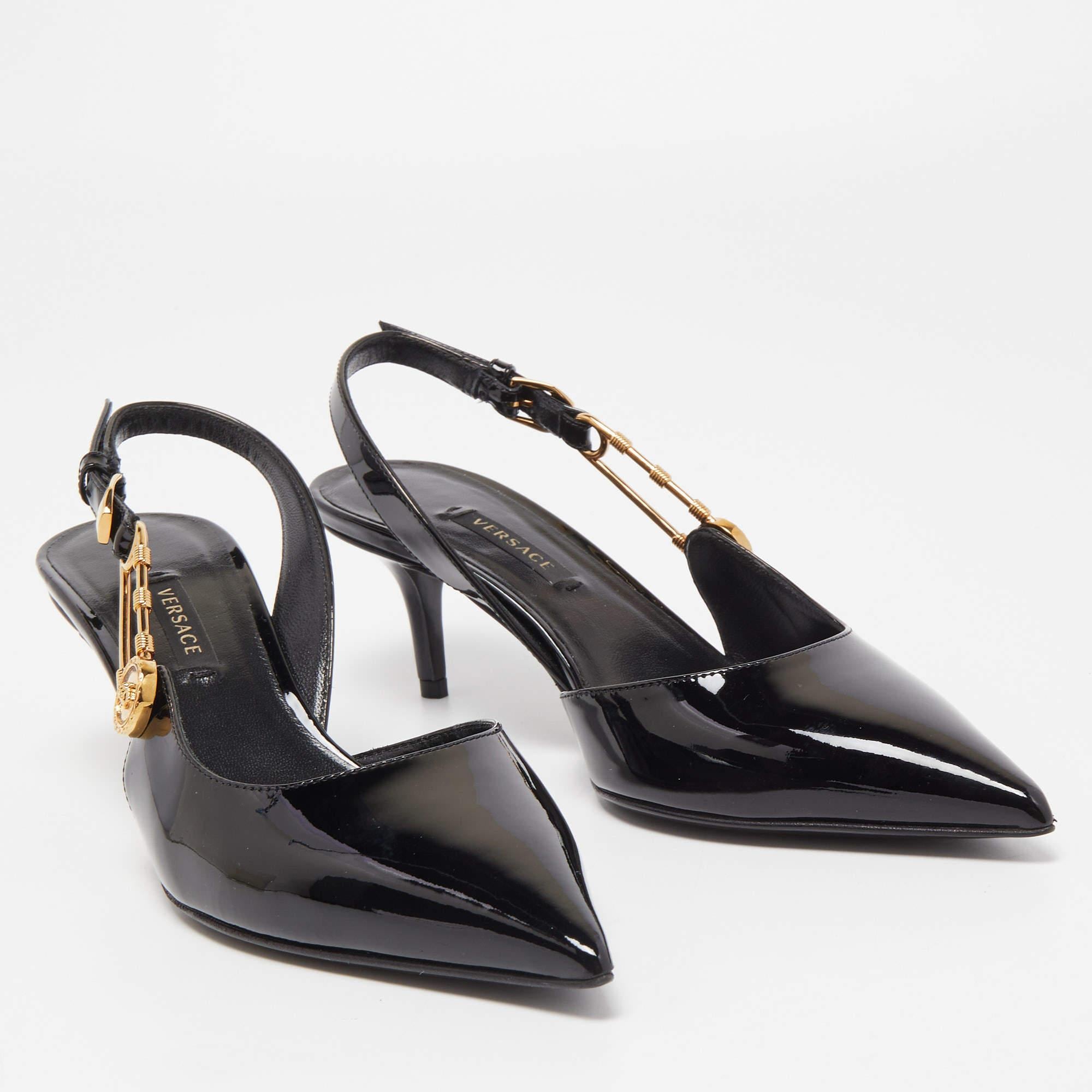 Versace Black Patent Leather Safety Pin Medusa Slingback Pumps Size 36 ...