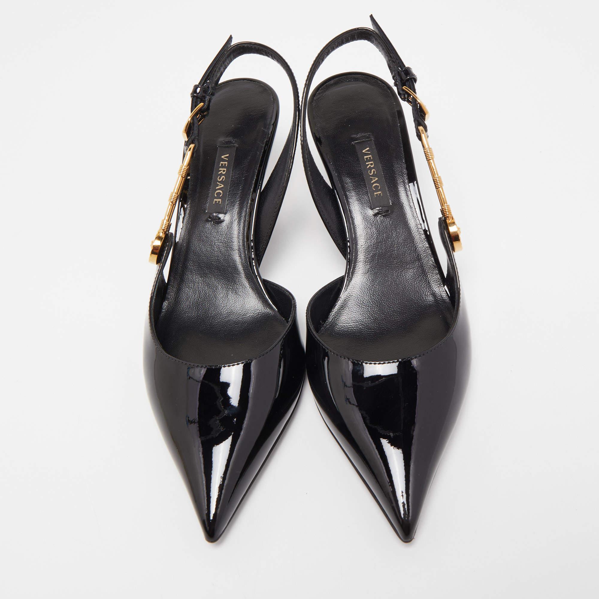 Versace Black Patent Leather Safety Pin Medusa Slingback Pumps Size 36 ...